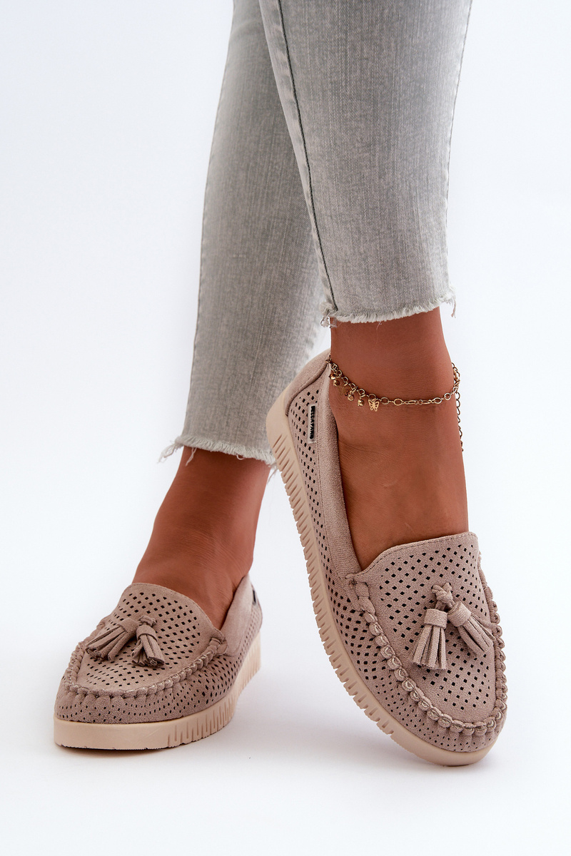 Ażurowe Mokasyny Damskie Z Eko Skóry Beżowe Tinami