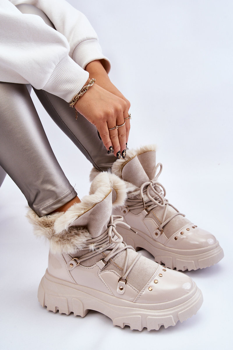 Damskie Botki Z Futerkiem Sznurowane Jasnobeżowe Merron