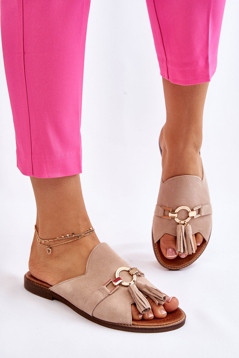 Damskie Zamszowe Klapki Lewski Shoes 3226 Beżowe