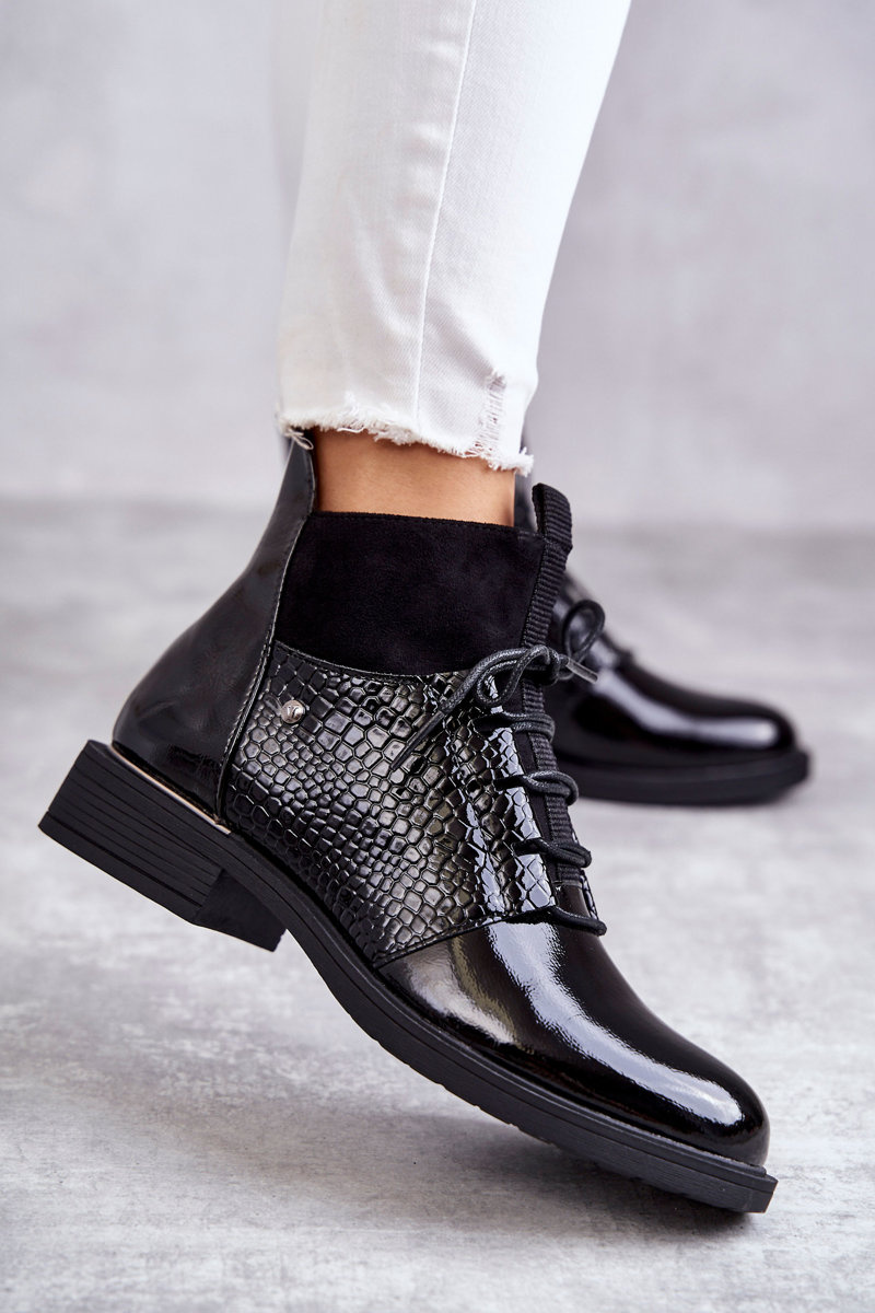 Lakierowane Ocieplane Botki Sznurowane Czarne Cathrine