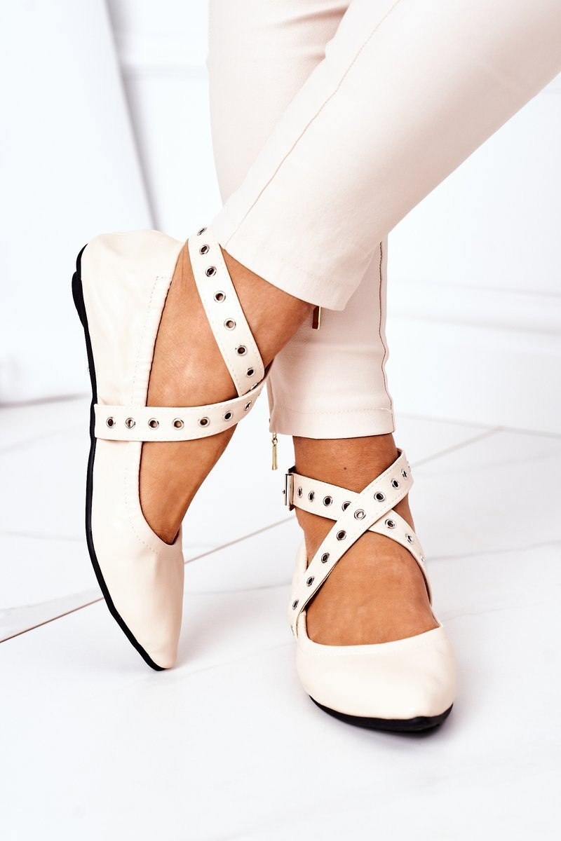 Składane Skórzane Baleriny Lu Boo Beżowe - Damskie Baleriny Damskie ...