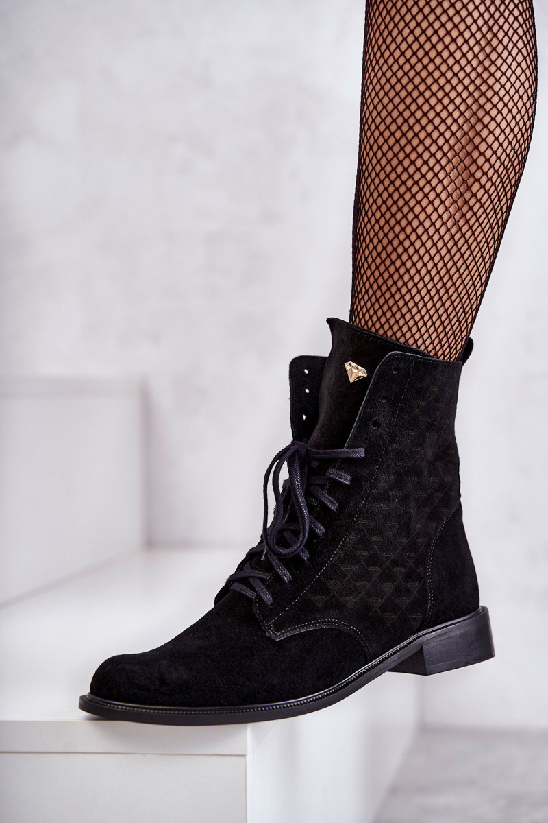 Sznurowane Zamszowe Botki Nicole 2751 Czarne