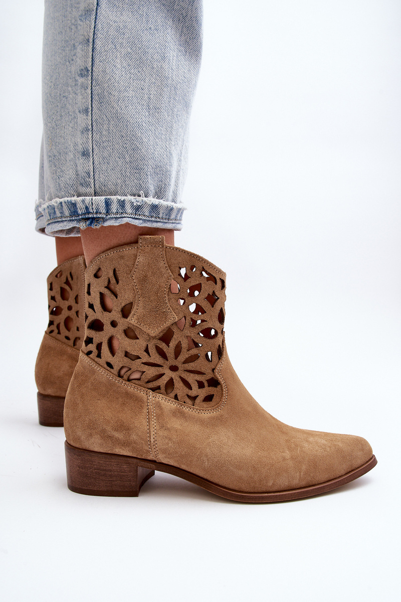 Ażurowe Botki Kowbojki Na Niskim Obcasie Zamszowe Zazoo 3404 Beżowe