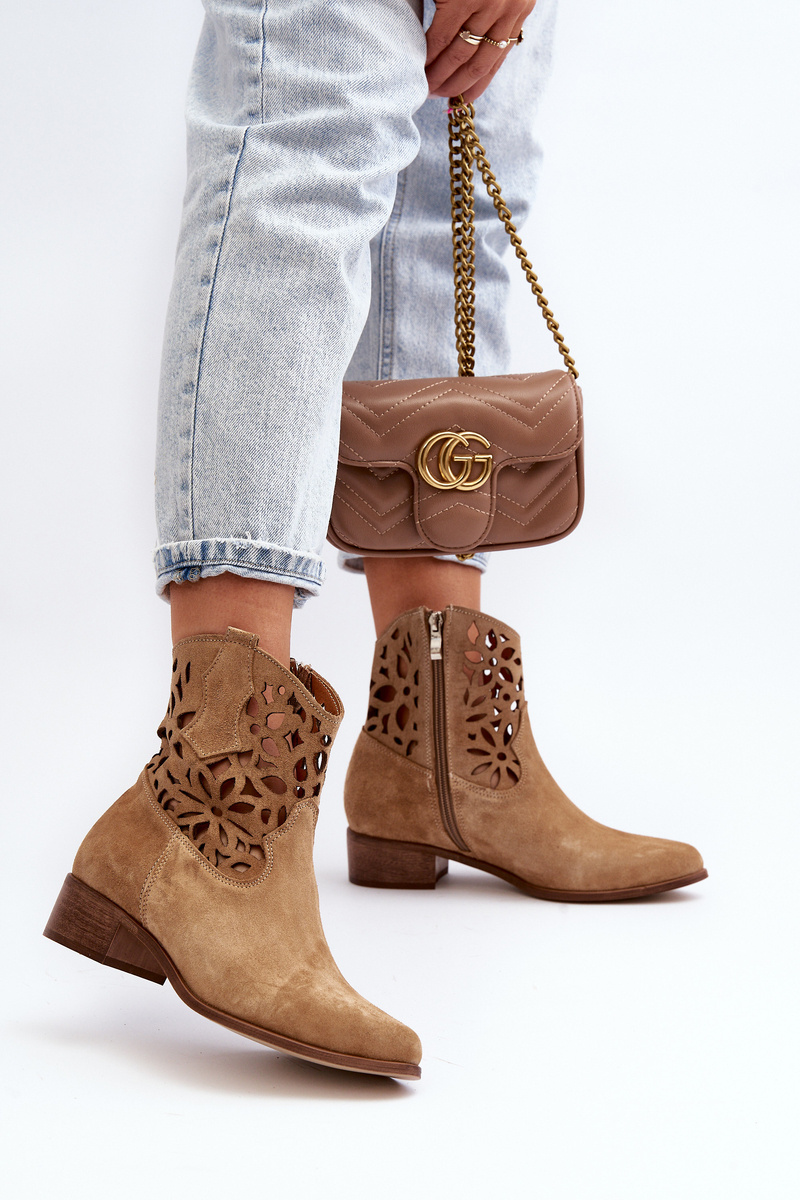 Ażurowe Botki Kowbojki Na Niskim Obcasie Zamszowe Zazoo 3404 Beżowe