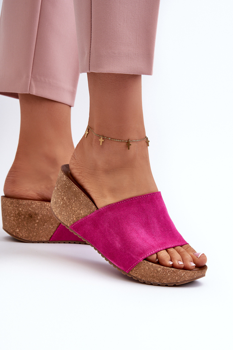Zazoo 40311 Zamszowe Klapki Damskie Na Korkowym Koturnie Fuksja